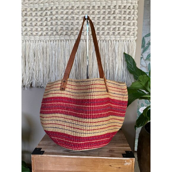 Vintage | Bags | 9s Vintage Leather Strap Woven Raffia Farmers Market ...